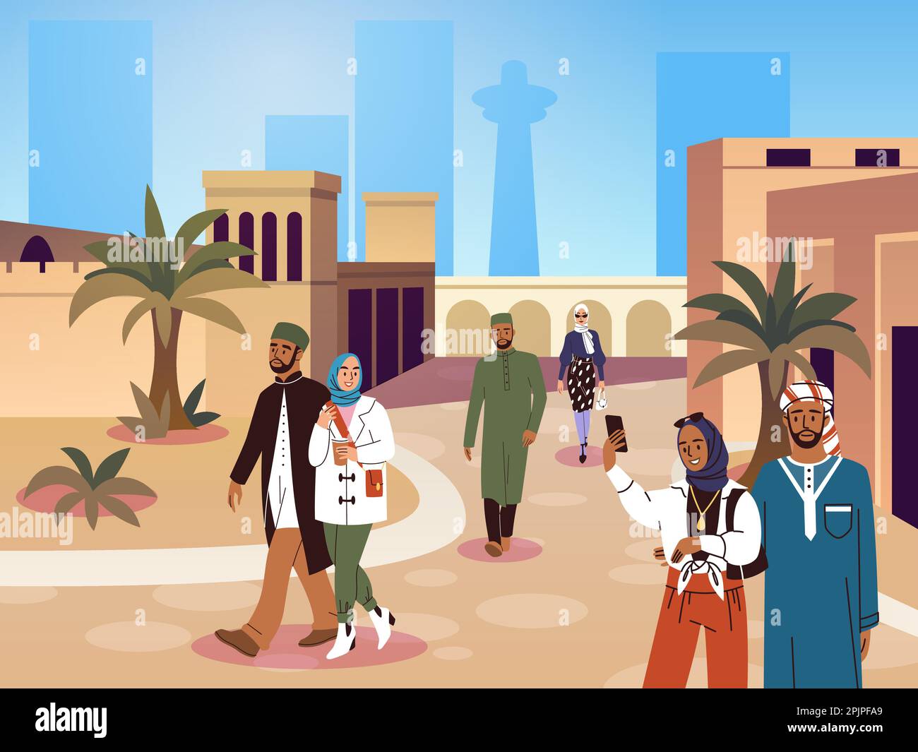 Muslim modern people walk. Islamic fashionably dressed couples on ...