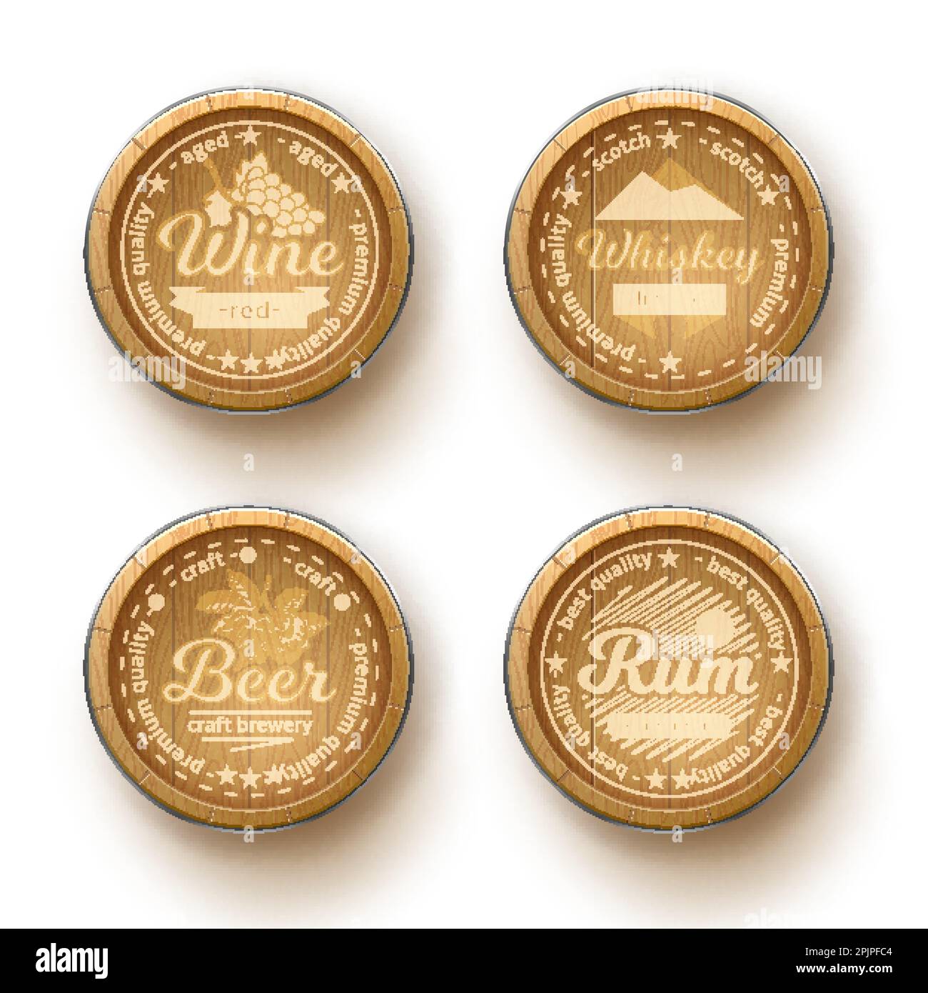 Wooden barrels tops emblems. Realistic oak round signs with alcoholic ...