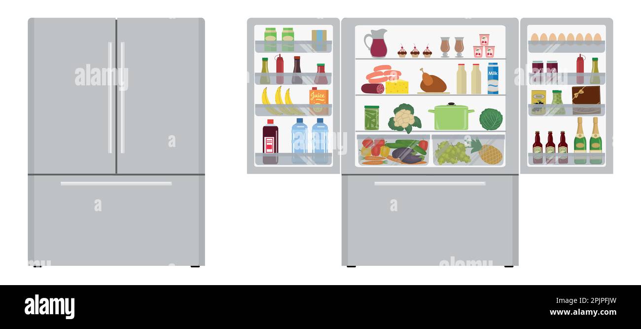 Big fridge with open doors, a full of food. There is a champagne bottle ...