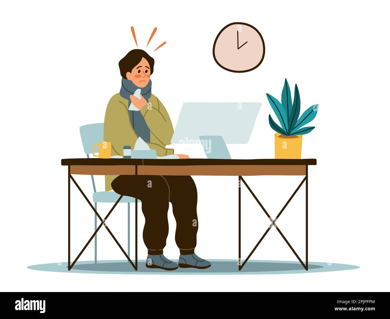 Young guy worker sitting in office at computer with high fever and sick ...