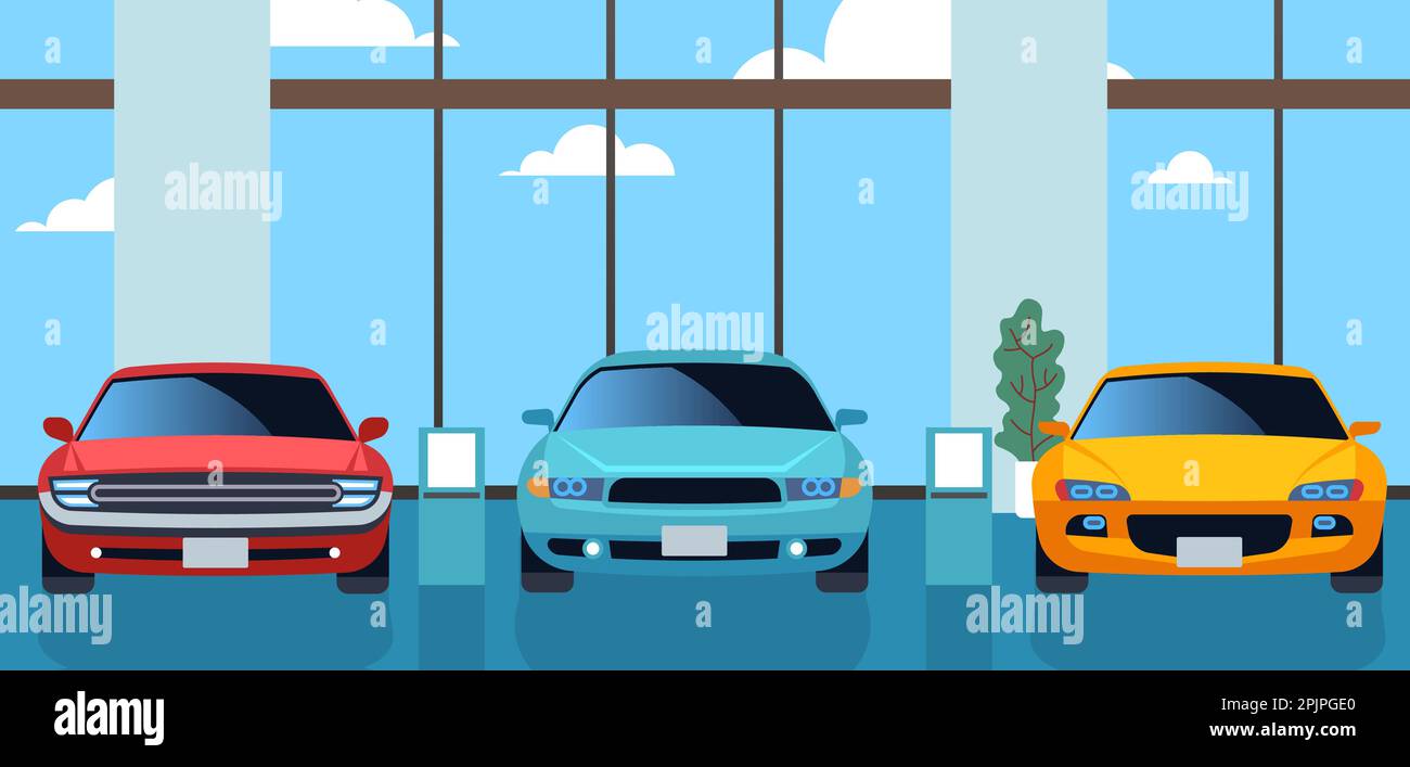 Car showroom with new modern cars. Automotive shop interior, cartoon ...