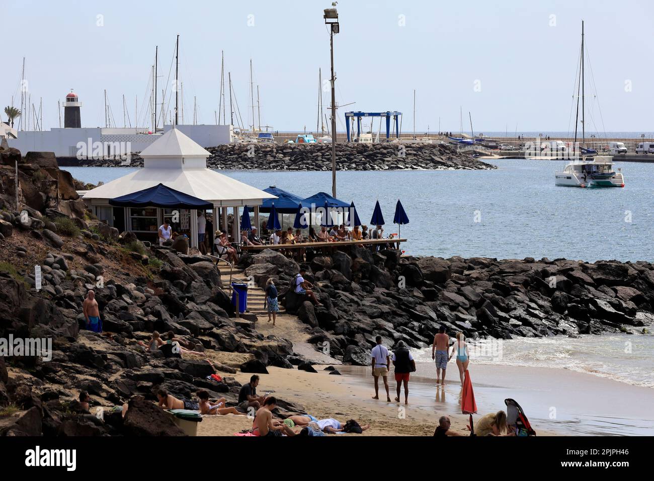Small beach bar on a rocky headland, Playa Blanca, Lanzarote. February ...