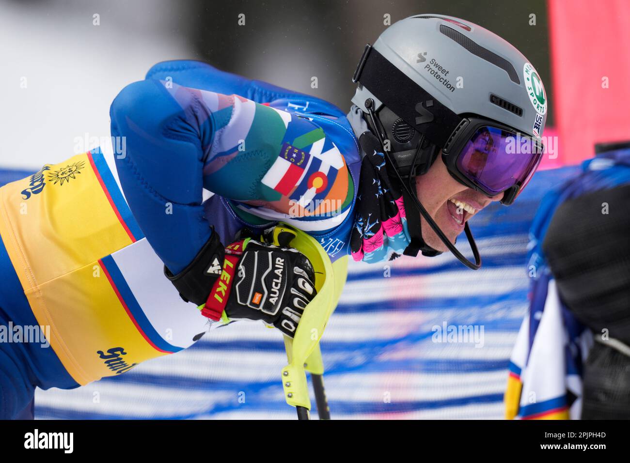 Luke Winters reacts after competing in the men's slalom ski race during ...