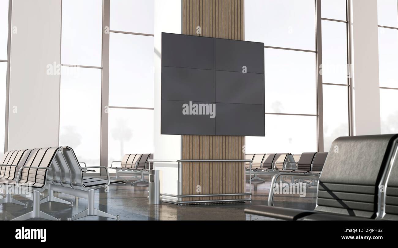 Blank black led display in airport lounge mockup, side view Stock Photo ...
