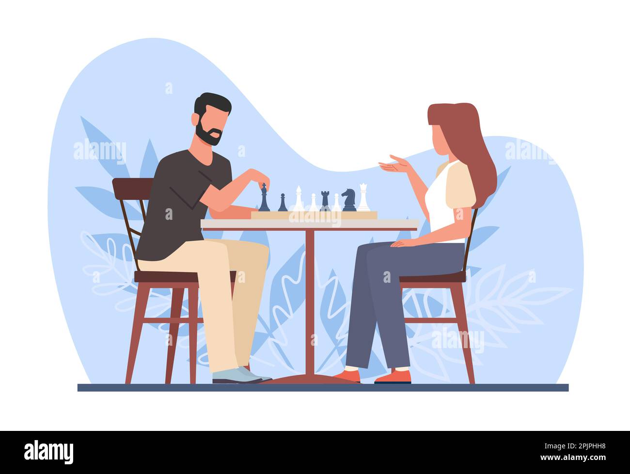 Pair of man and woman playing chess at table. Sport tournament ...