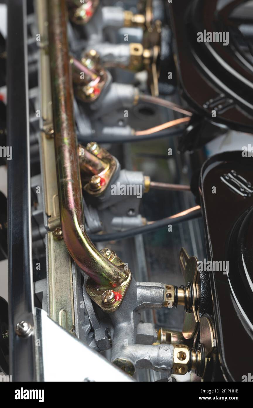 Gas distribution in metal pipes close up view. Fitting connection ...