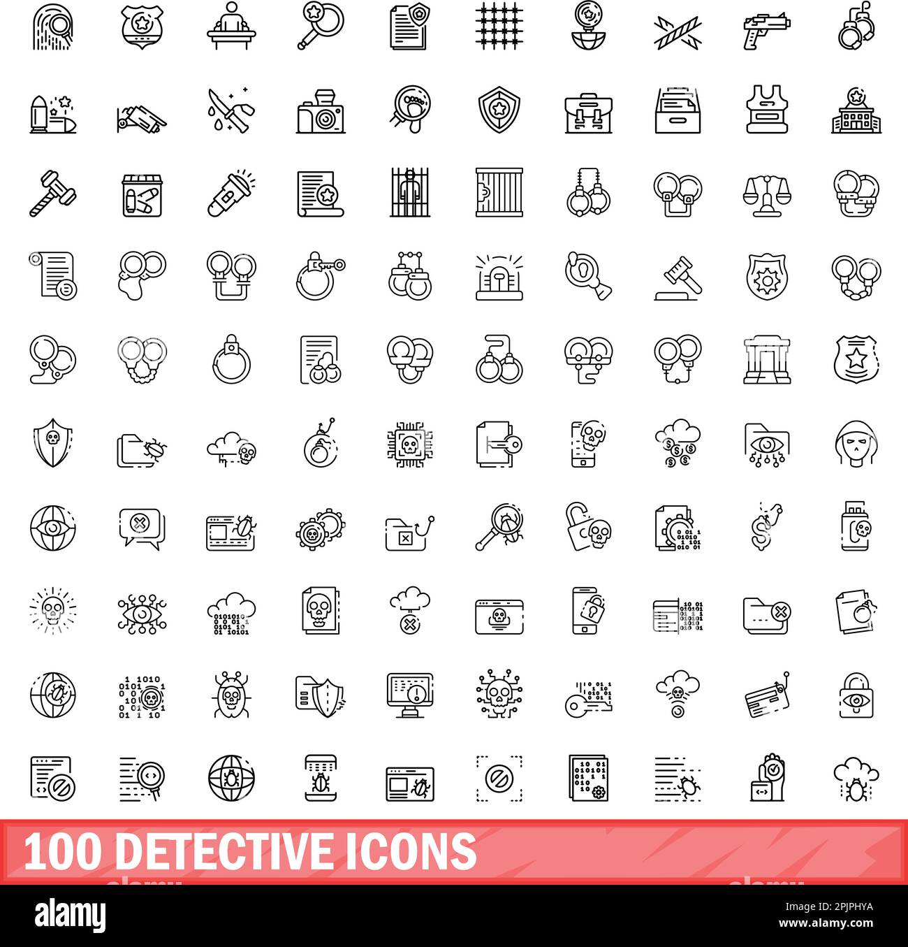 100 detective icons set. Outline illustration of 100 detective icons ...