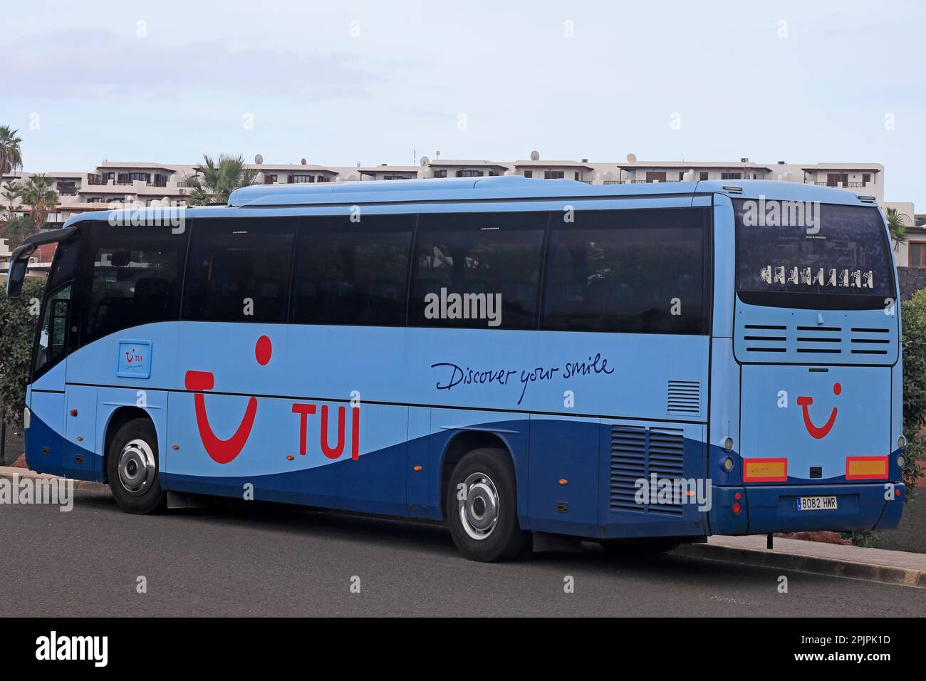Tourist coach with Tui logo parked by the roadside, Lanzarote, Canary ...