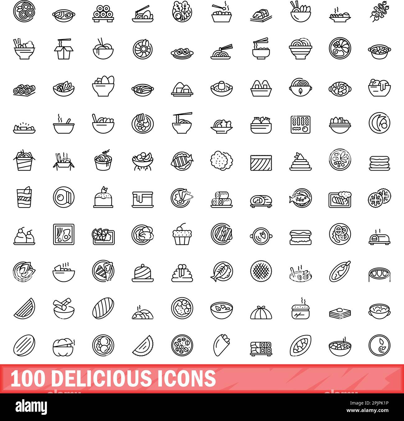 100 delicious icons set. Outline illustration of 100 delicious icons ...
