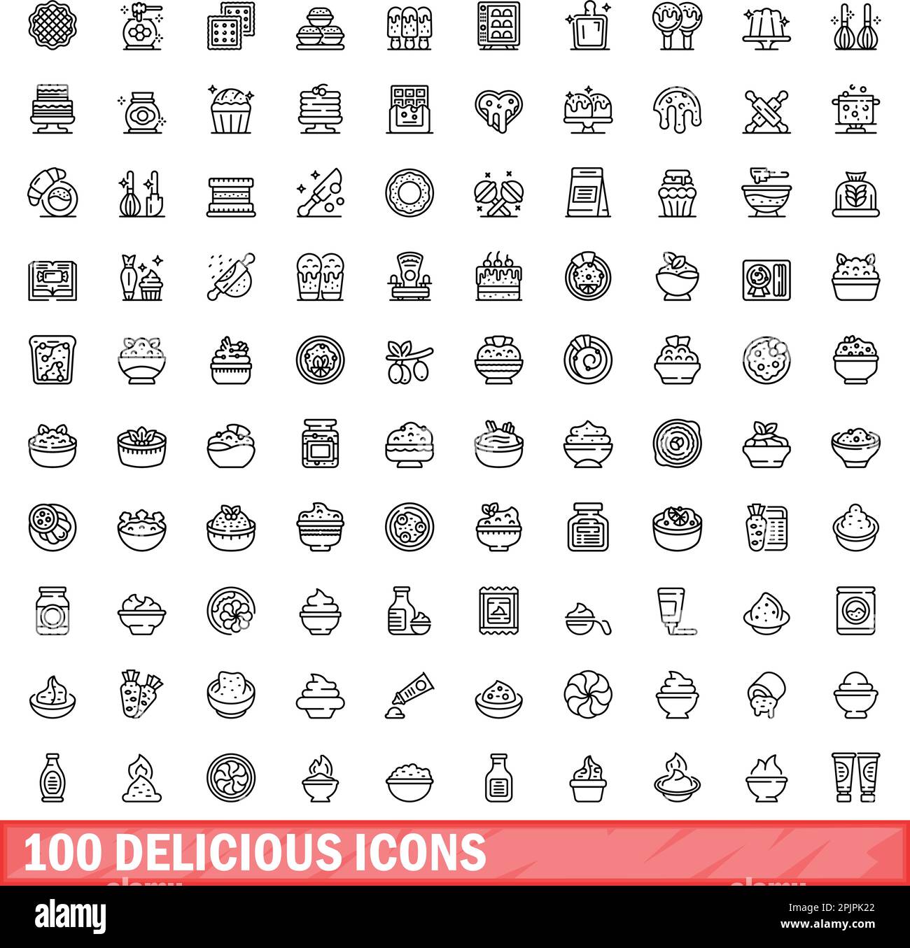 100 delicious icons set. Outline illustration of 100 delicious icons ...