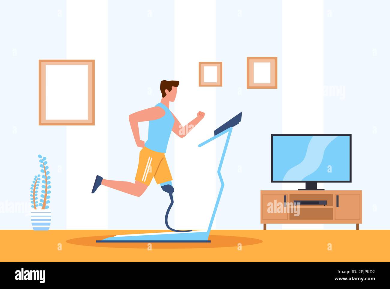 Disabled person with prosthetic leg runs on treadmill in house ...