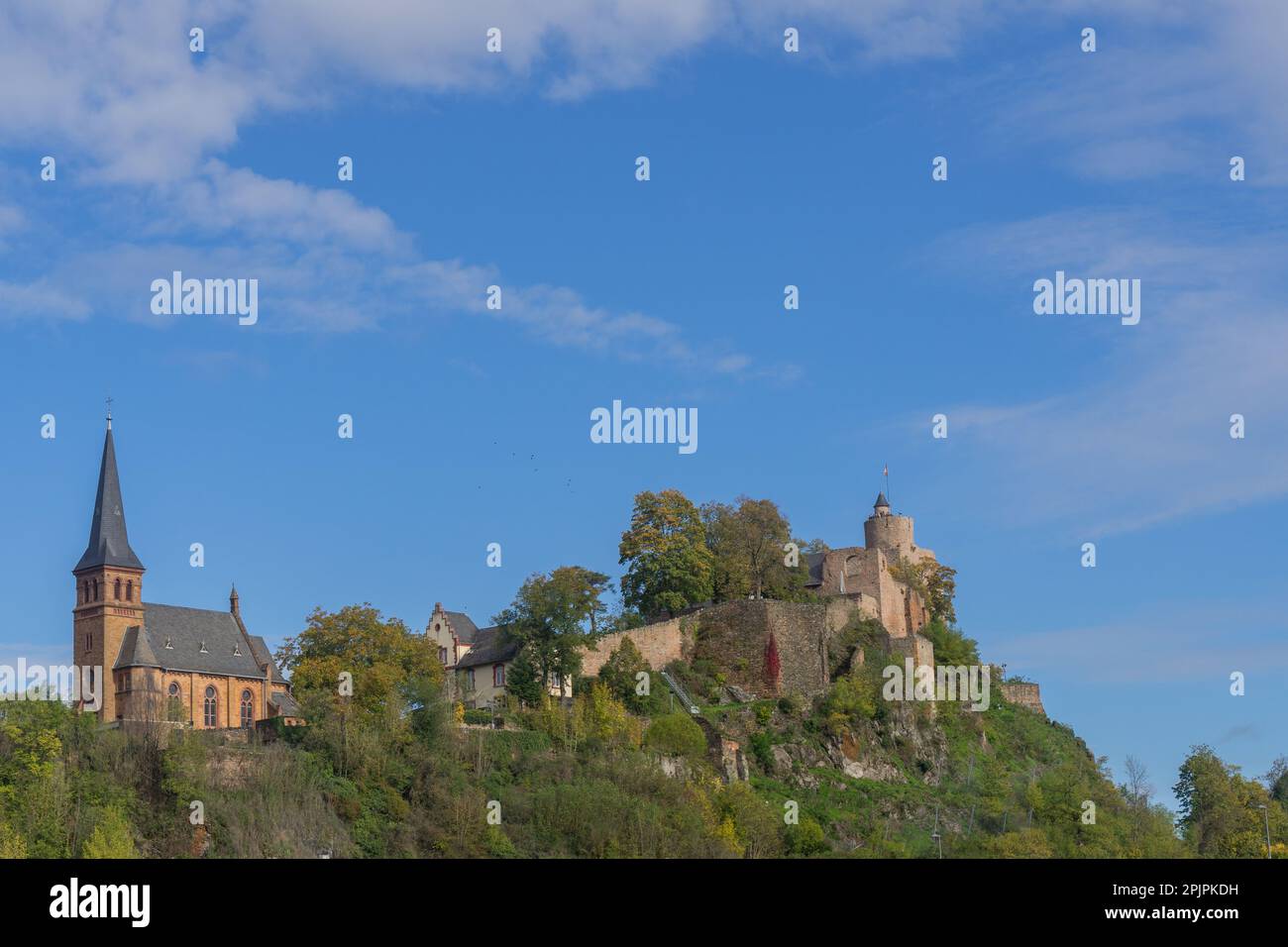 City view of the german city Saarburg with river called Saar and old castle ruin Stock Photo - Alamy