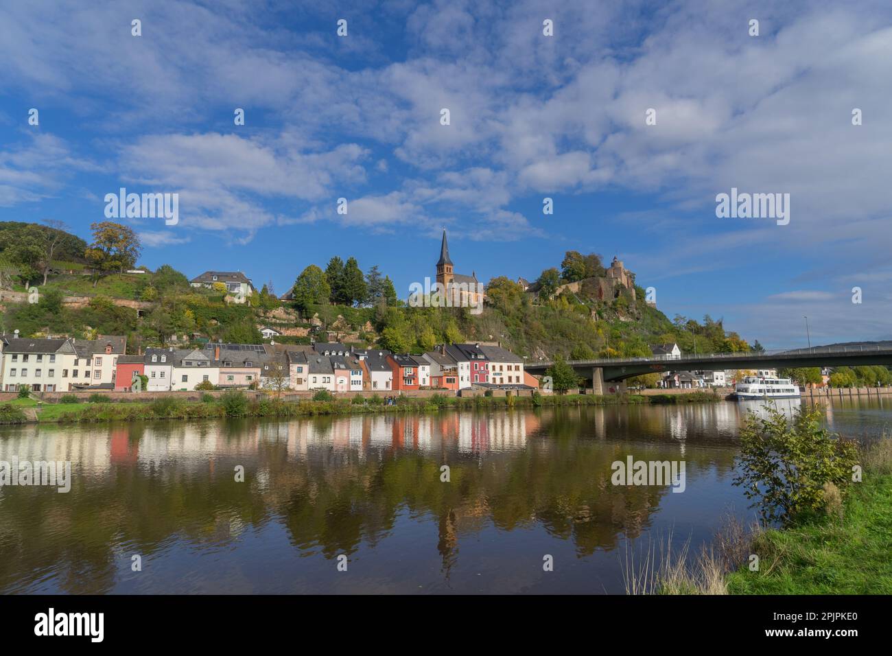 City view of the german city Saarburg with river called Saar and old castle ruin Stock Photo - Alamy