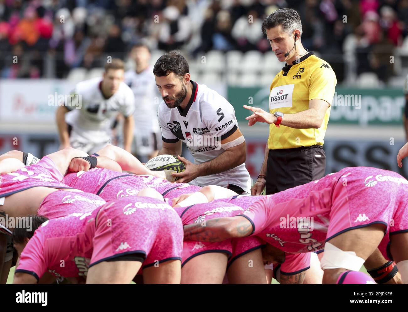 Jonathan Pelissie of Lyon, referee Frank Murphy of Ireland during the ...