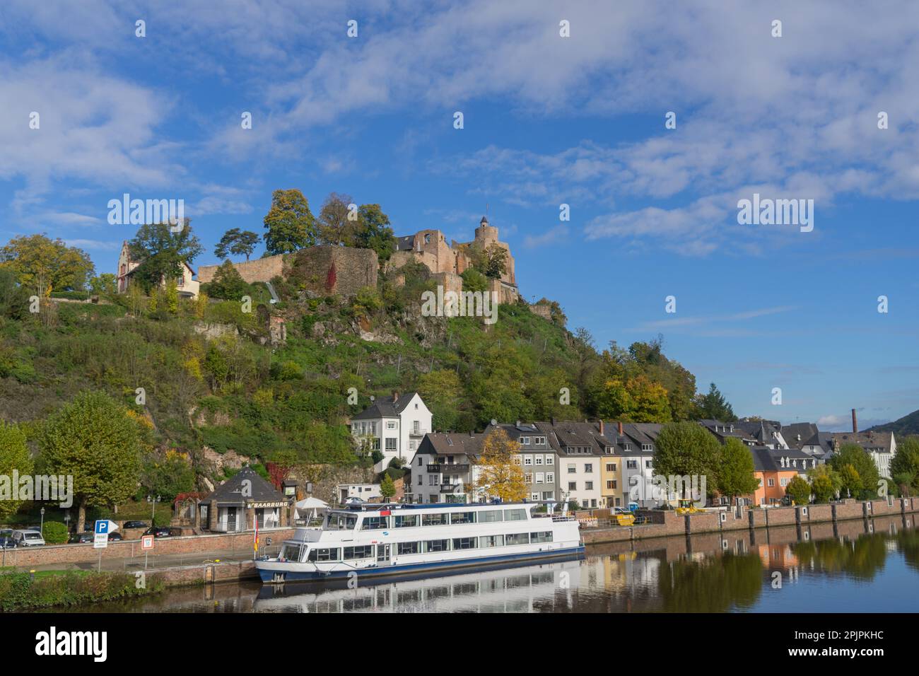 City view of the german city Saarburg with river called Saar and old castle ruin Stock Photo - Alamy