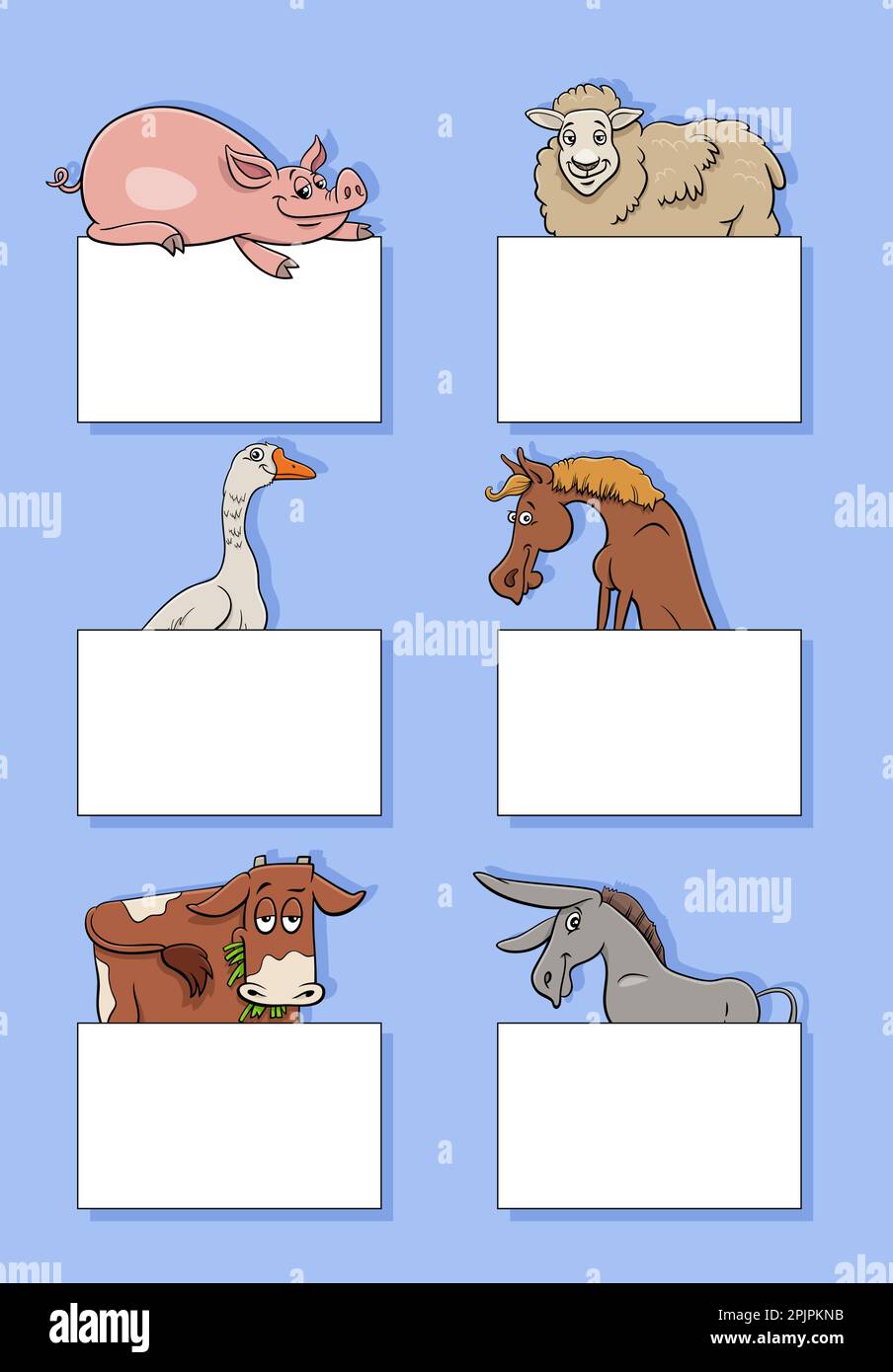 Cartoon illustration of funny farm animals with blank cards or banners ...