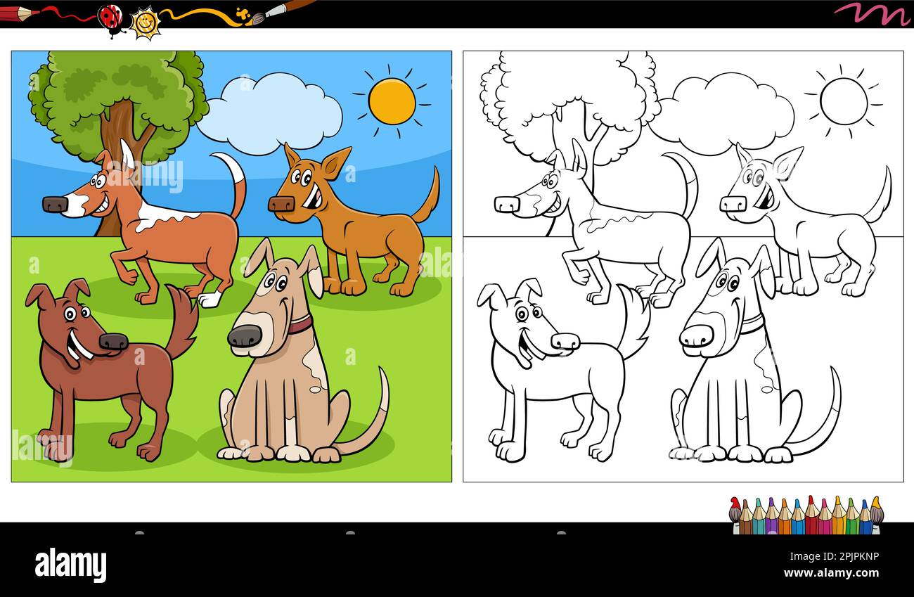 Cartoon illustration of funny dogs comic characters group outdoor ...