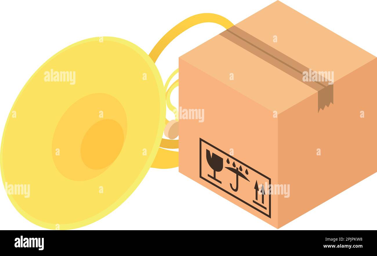 Horn trumpet icon isometric vector. Wind musical instrument near parcel ...