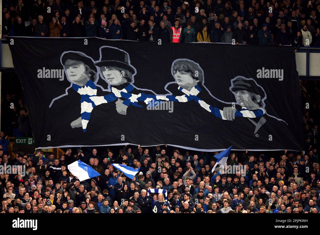 Everton fans hold up a banner of The Beatles in the stands during the ...