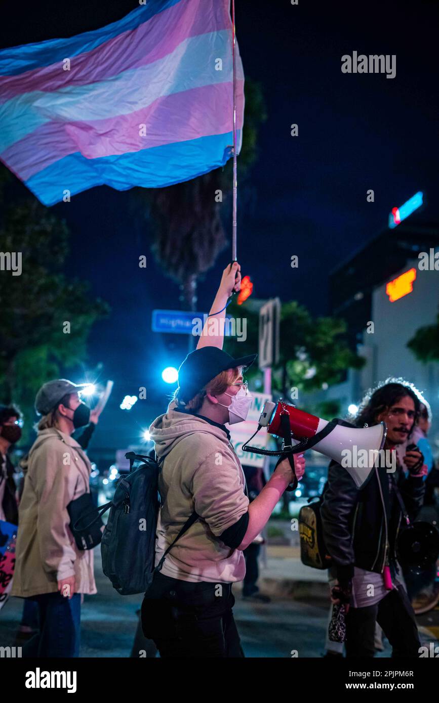 Hollywood, California, USA. 31st Mar, 2023. Trans rights activists and ...