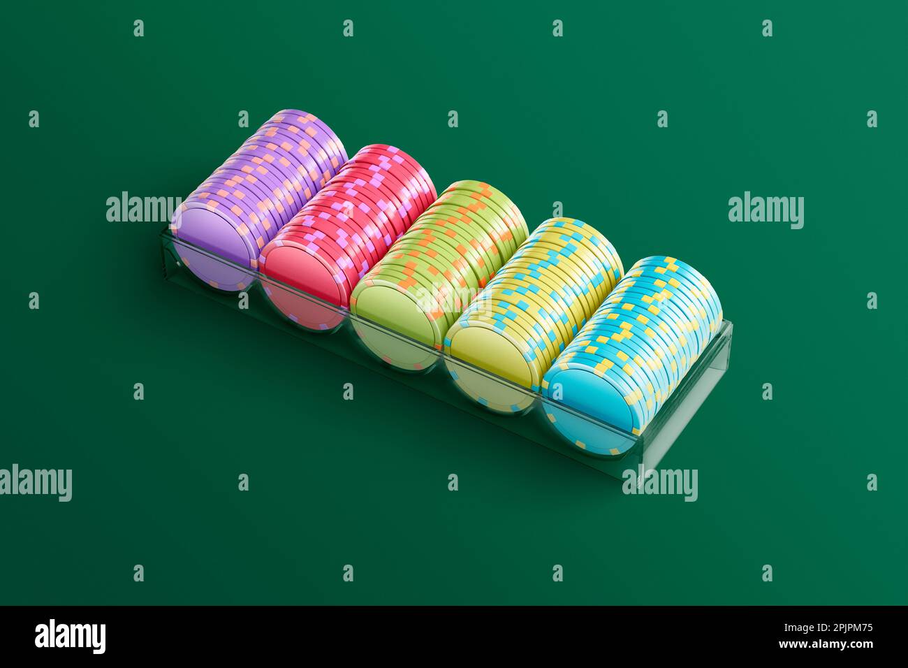 Blank colored plastic chip stack in tray mockup, green backgound Stock ...