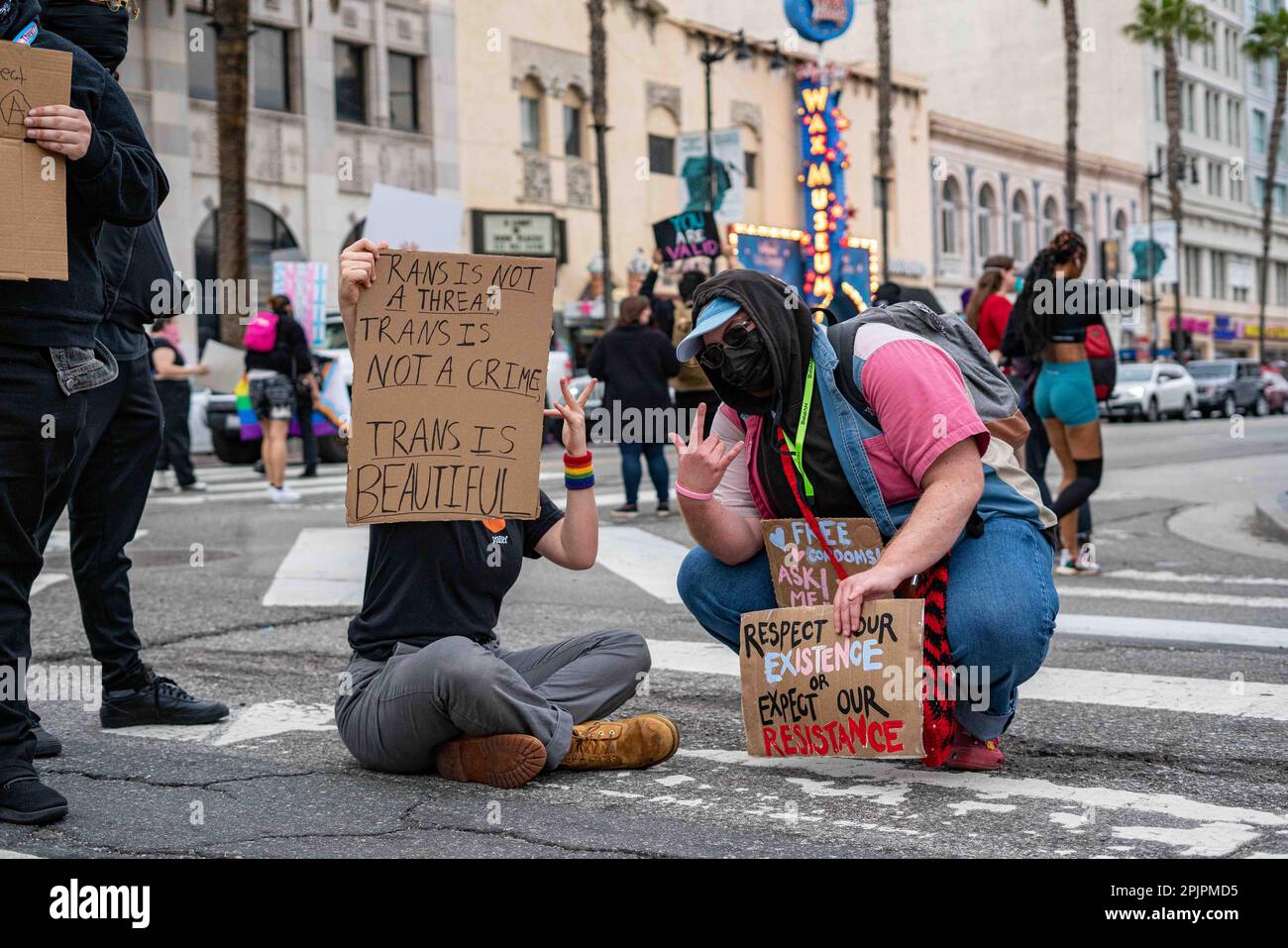 Hollywood, California, USA. 31st Mar, 2023. Trans rights activists and ...