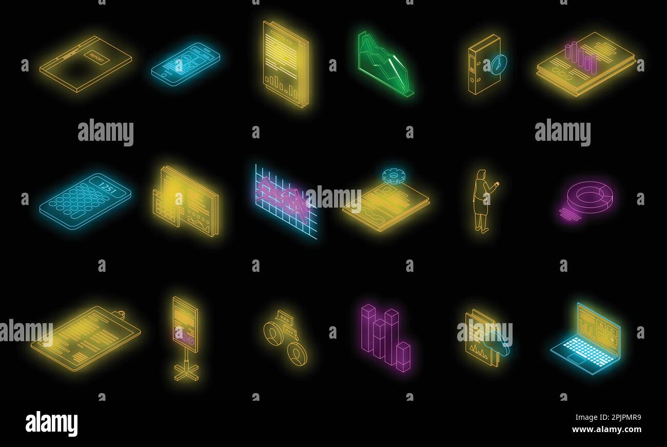 Report icons set. Isometric set of report vector icons neon color on black Stock Vector Image ...