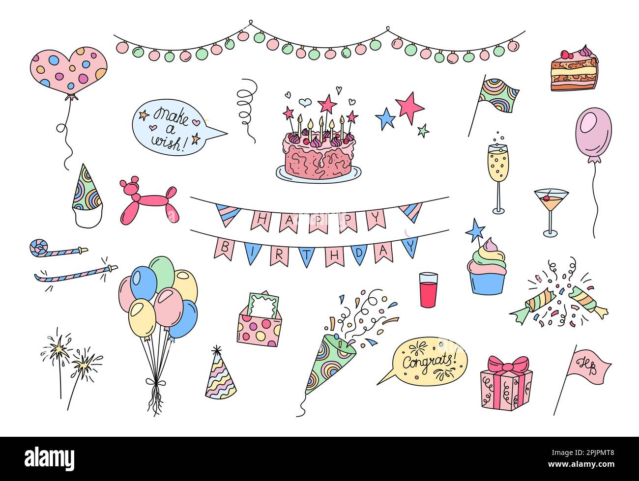Birthday party elements set. Funny doodles. Vector colorful hand drawn ...