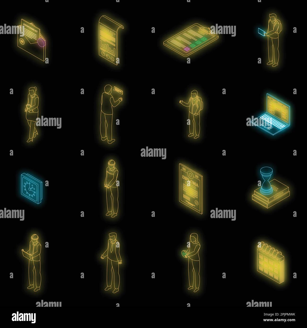 Assignment icons set. Isometric set of assignment vector icons neon ...