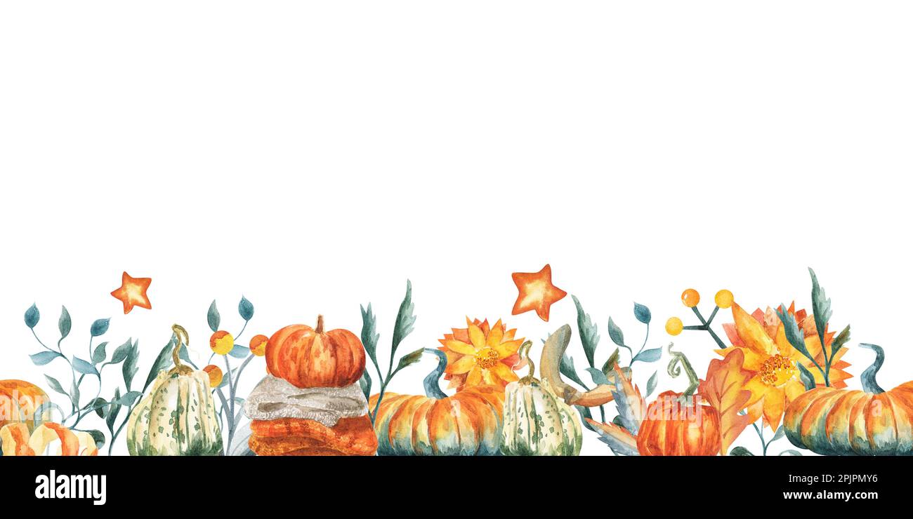 Hello autumn banner. Pumpkin seamless border. Watercolor illustration ...