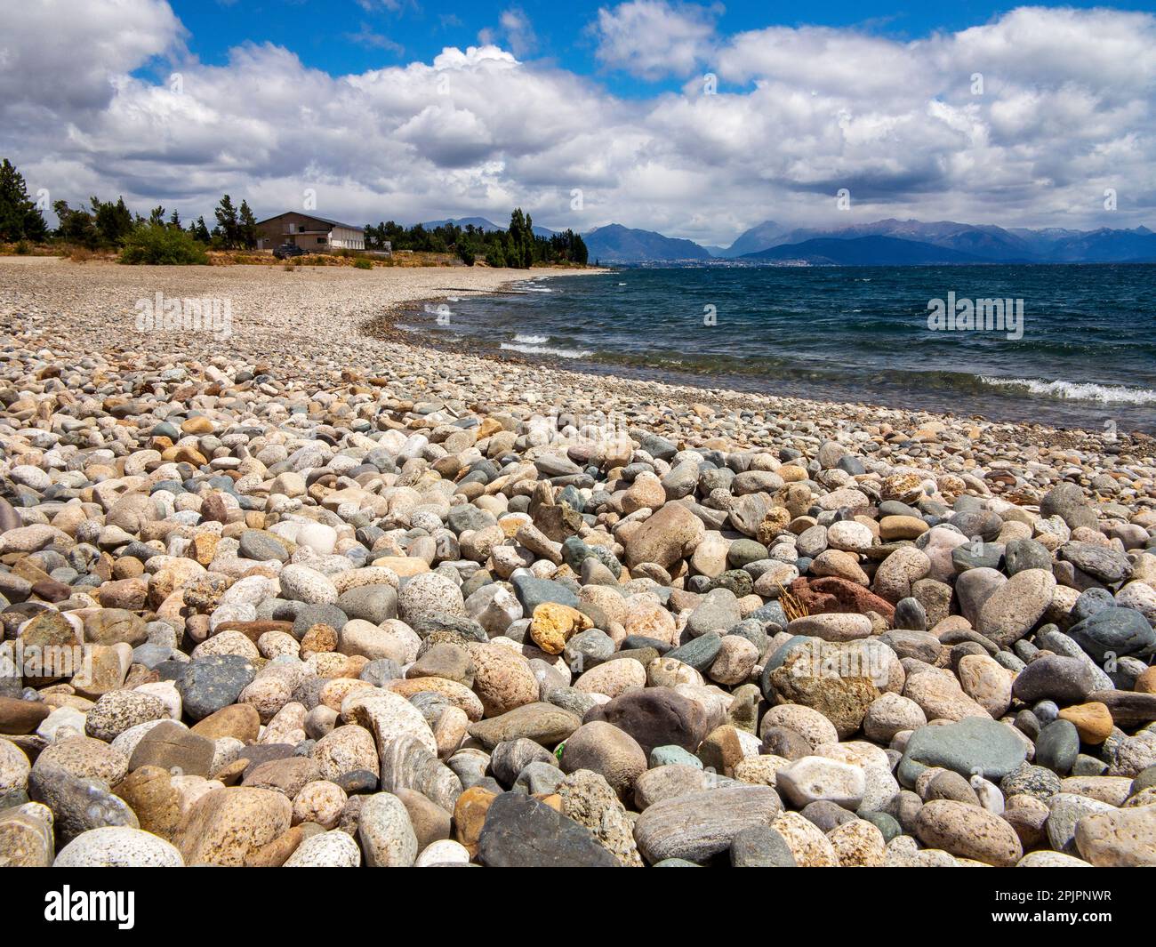 Beach at Dina Huapi town, near San Carlos de Bariloche, Rio Negro ...