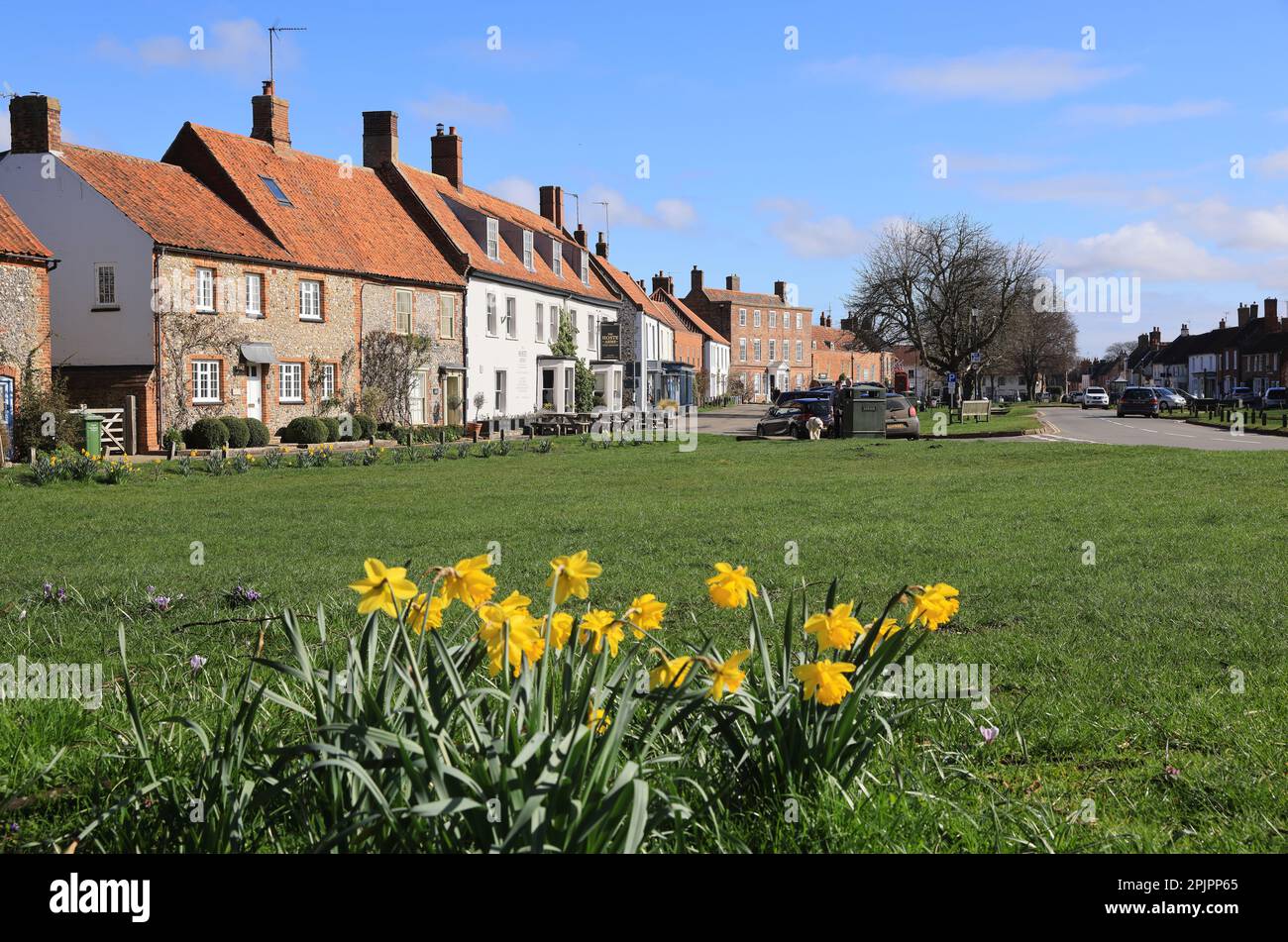 Affluent village Burnham Market in winter sunshine, north Norfolk, UK ...