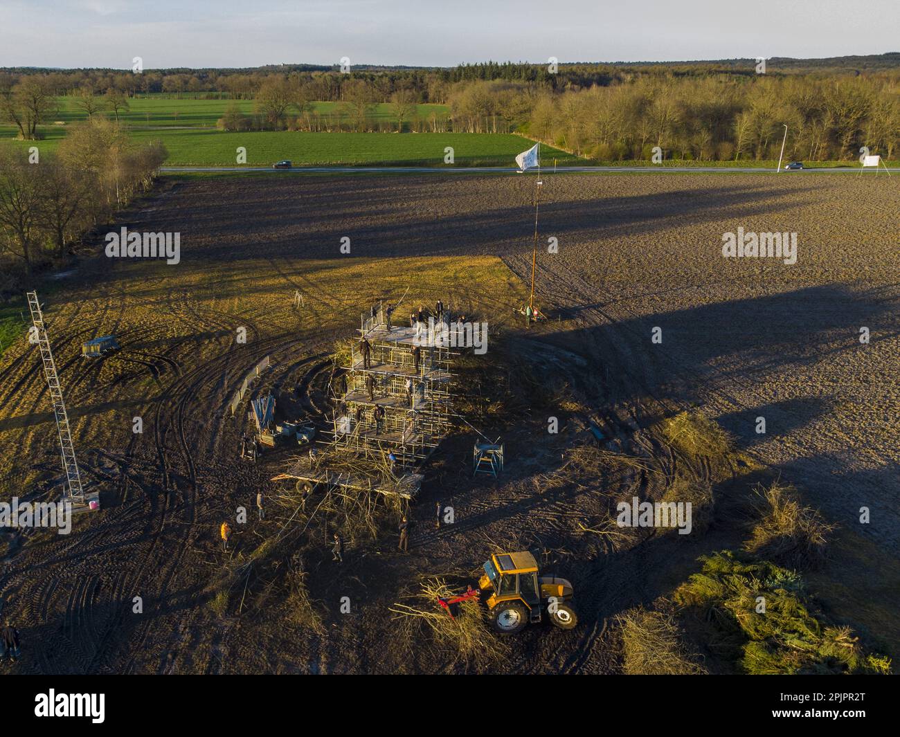 HOLTEN - 03/04/2023, Drone photo of Easter fire builders at work in the ...