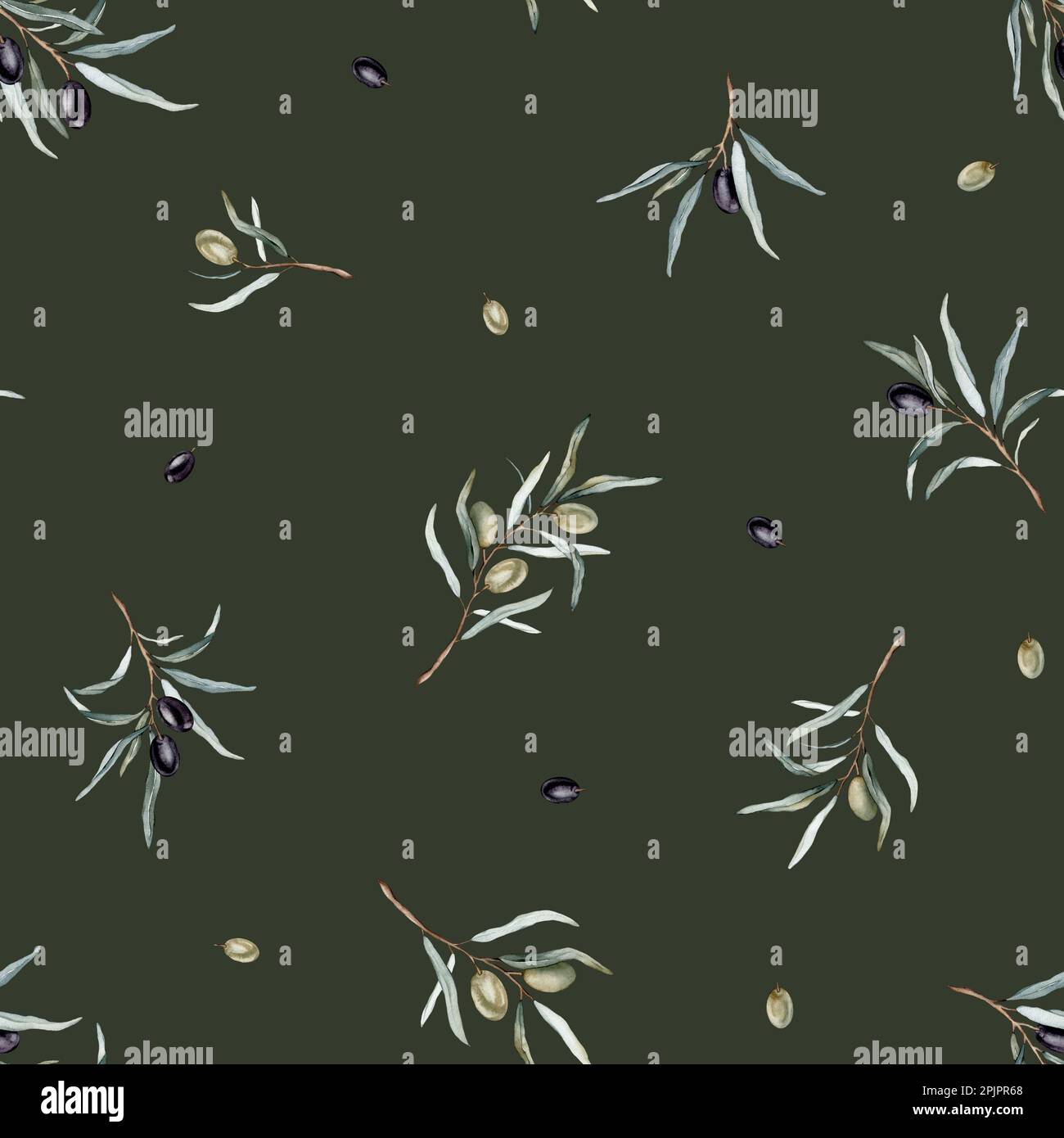 Watercolor seamless pattern with black and green olives and branch ...