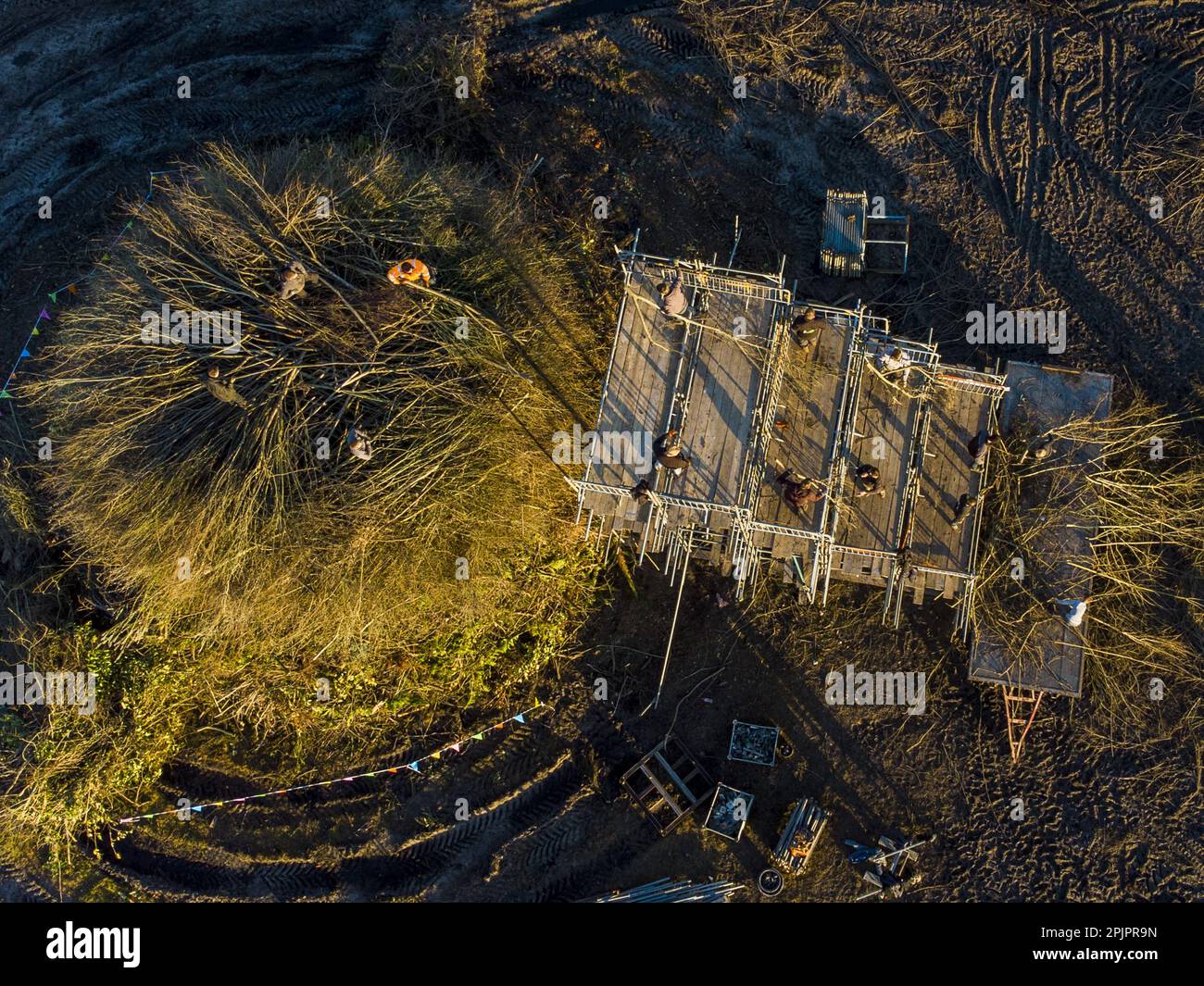 HOLTEN - 03/04/2023, Drone photo of Easter fire builders at work in the ...