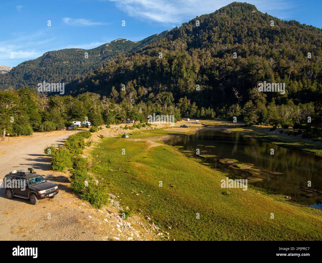 Camping site on the banks of the Pichi Traful river, Nahuel Huapi Park ...