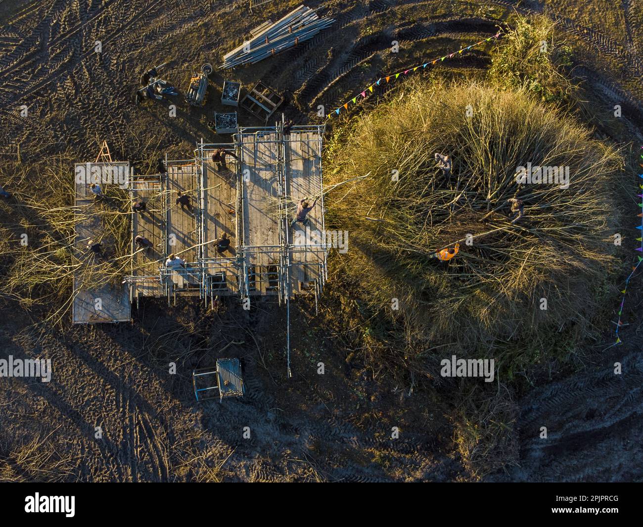 HOLTEN - 03/04/2023, Drone photo of Easter fire builders at work in the ...