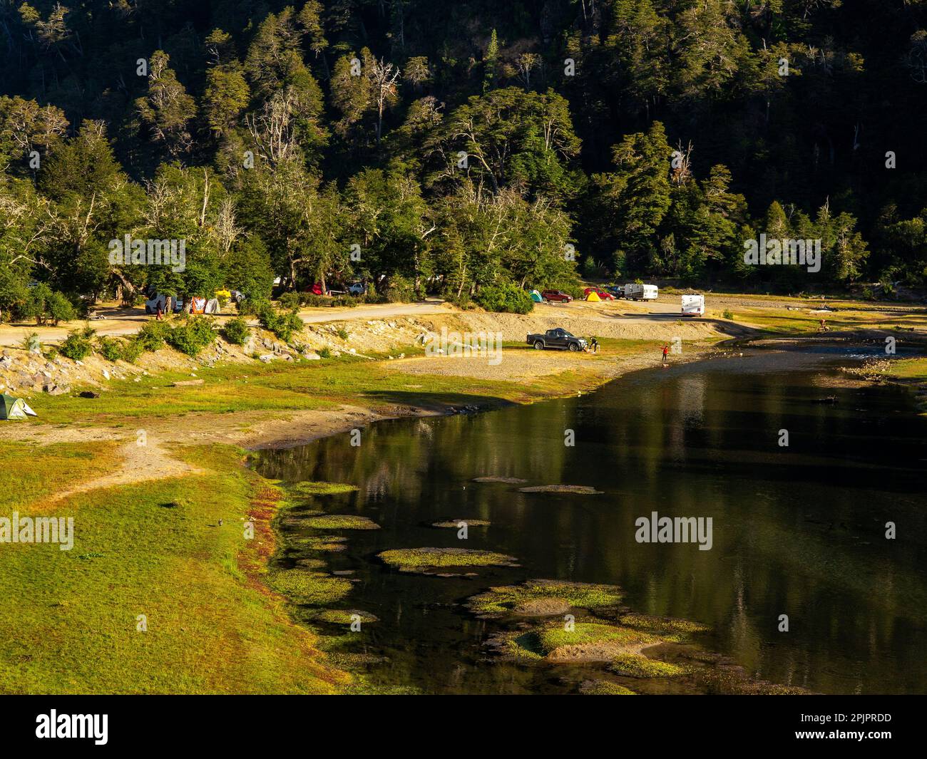 Camping site on the banks of the Pichi Traful river, Nahuel Huapi Park ...