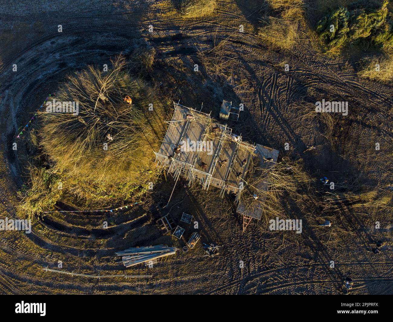 HOLTEN - 03/04/2023, Drone photo of Easter fire builders at work in the ...