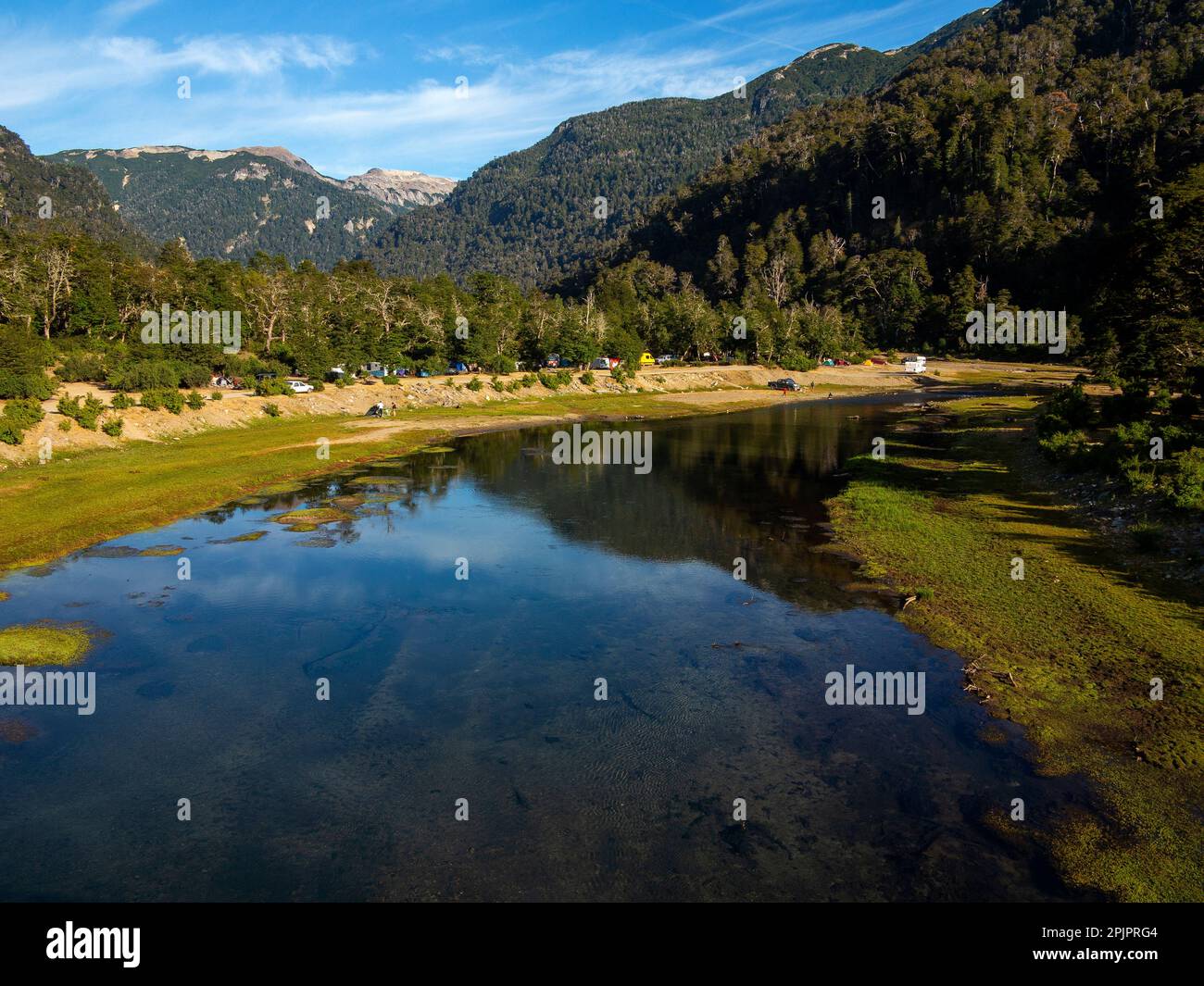 Camping site on the banks of the Pichi Traful river, Nahuel Huapi Park ...