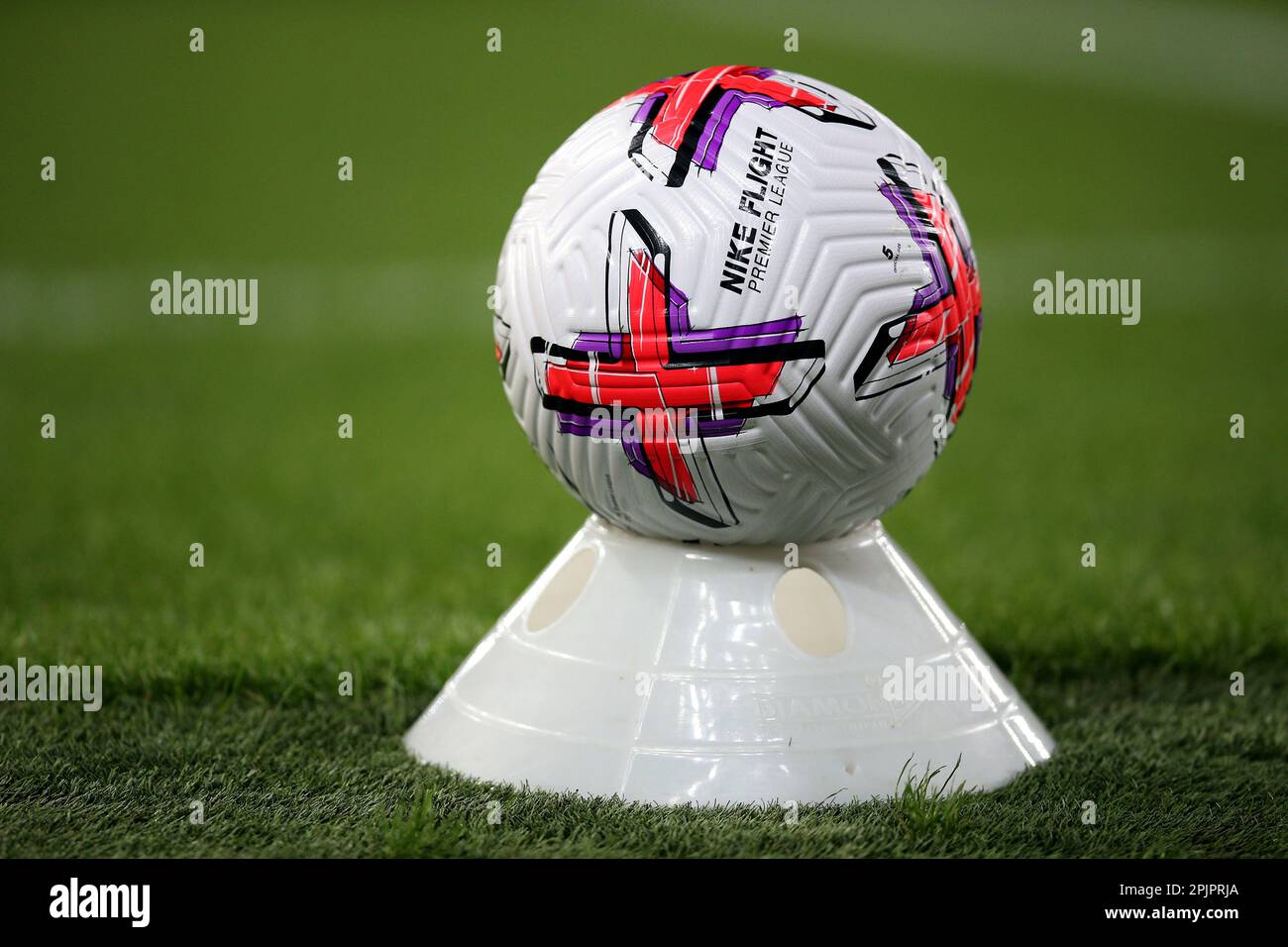 A Nike Flight match ball on a cone during the Premier League match at ...