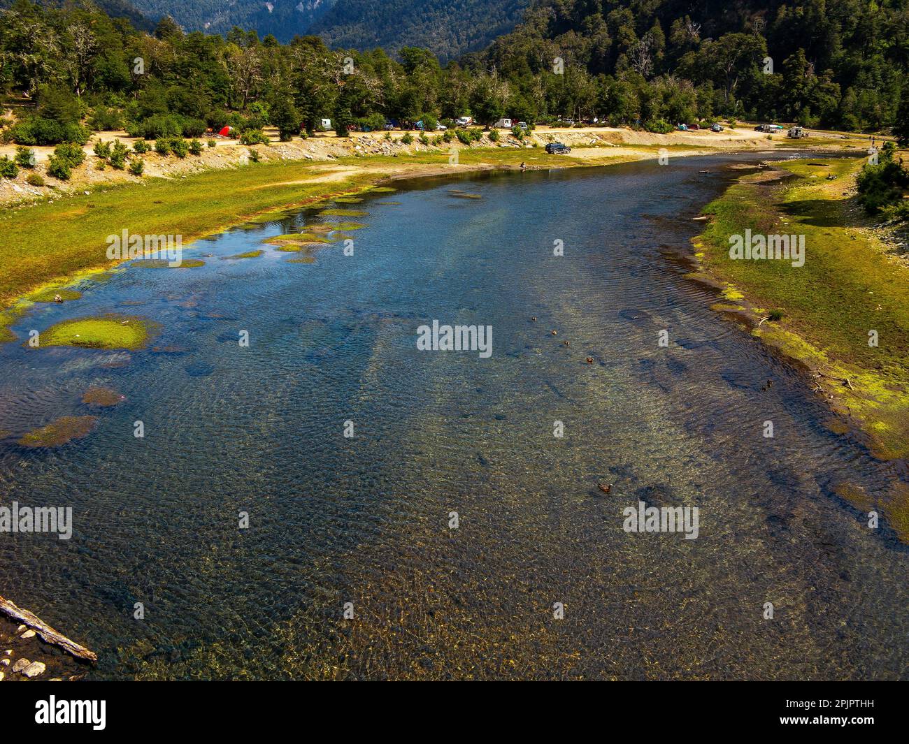 Camping site on the banks of the Pichi Traful river, Nahuel Huapi Park ...