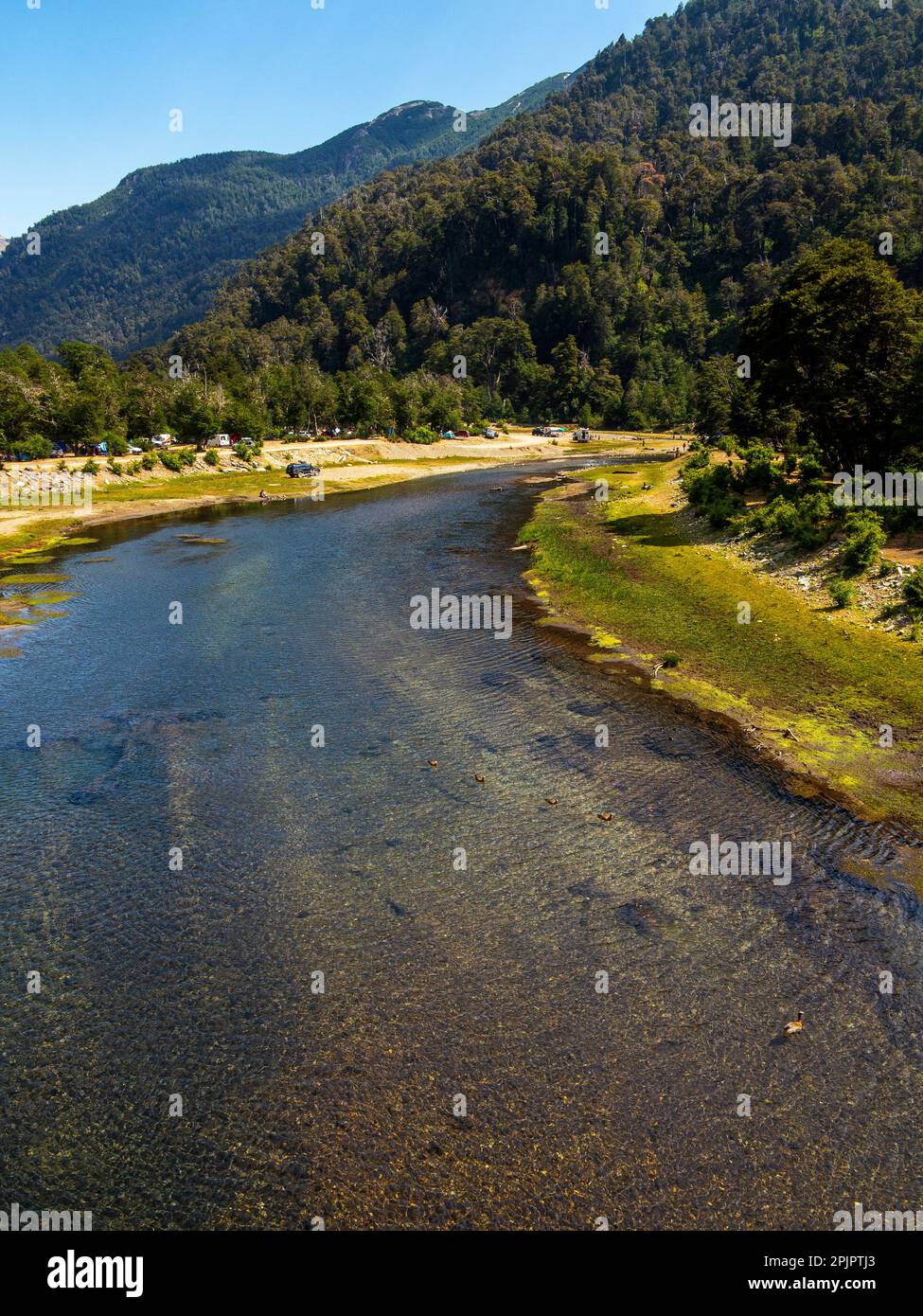 Camping site on the banks of the Pichi Traful river, Nahuel Huapi Park ...