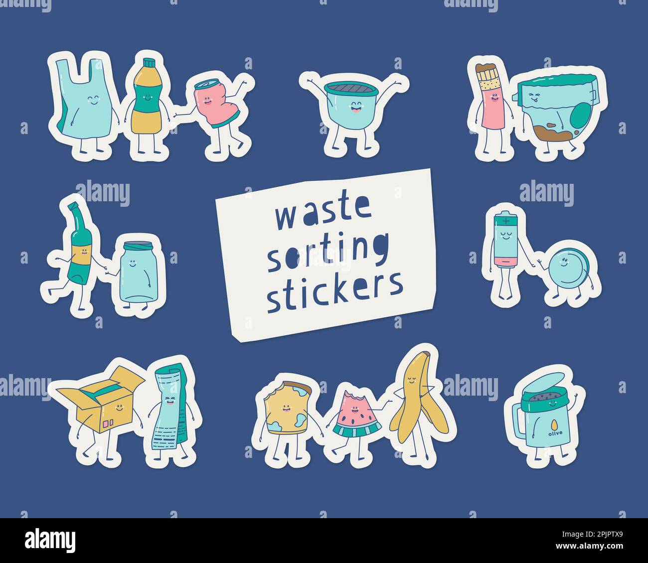 Set of stickers for waste sorting trash cans. Cute kawaii trash ... Set of stickers for waste sorting trash cans. Cute kawaii trash ...