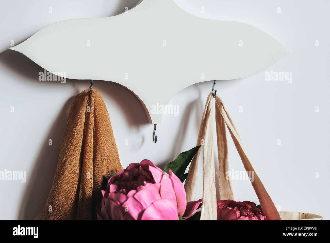 Hanger, towel and shopping bag with flowers. Beautiful handmade wooden ...