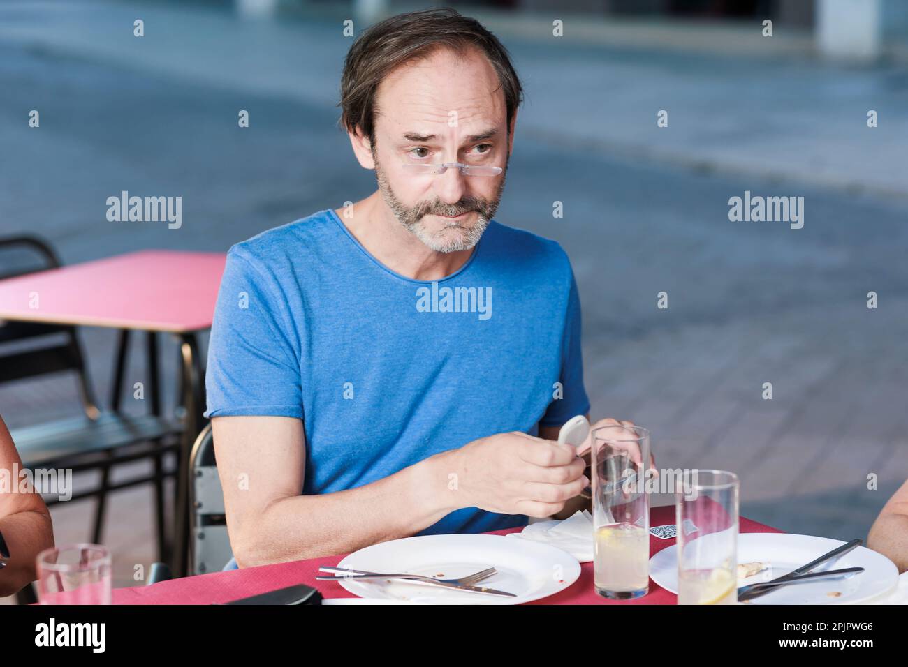 unsatisfied and disappointed restaurant client. Frustrated mature ...