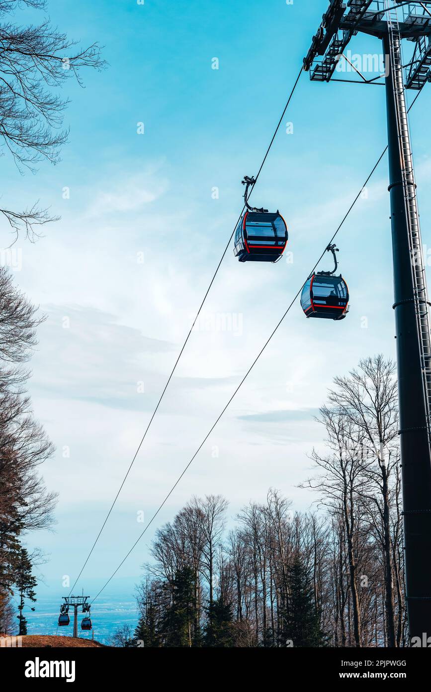 Cable car, funicular in the mountains. Cableway cabin for people ...