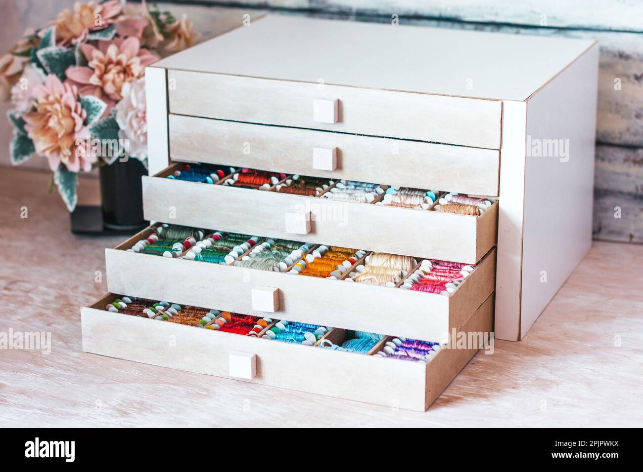 Beautiful box for threads with compartments. Beautiful colored threads ...