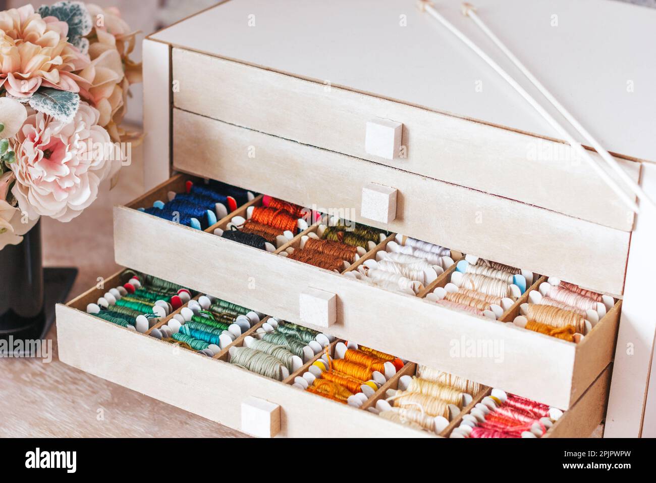 Beautiful box for threads with compartments. Beautiful colored threads ...