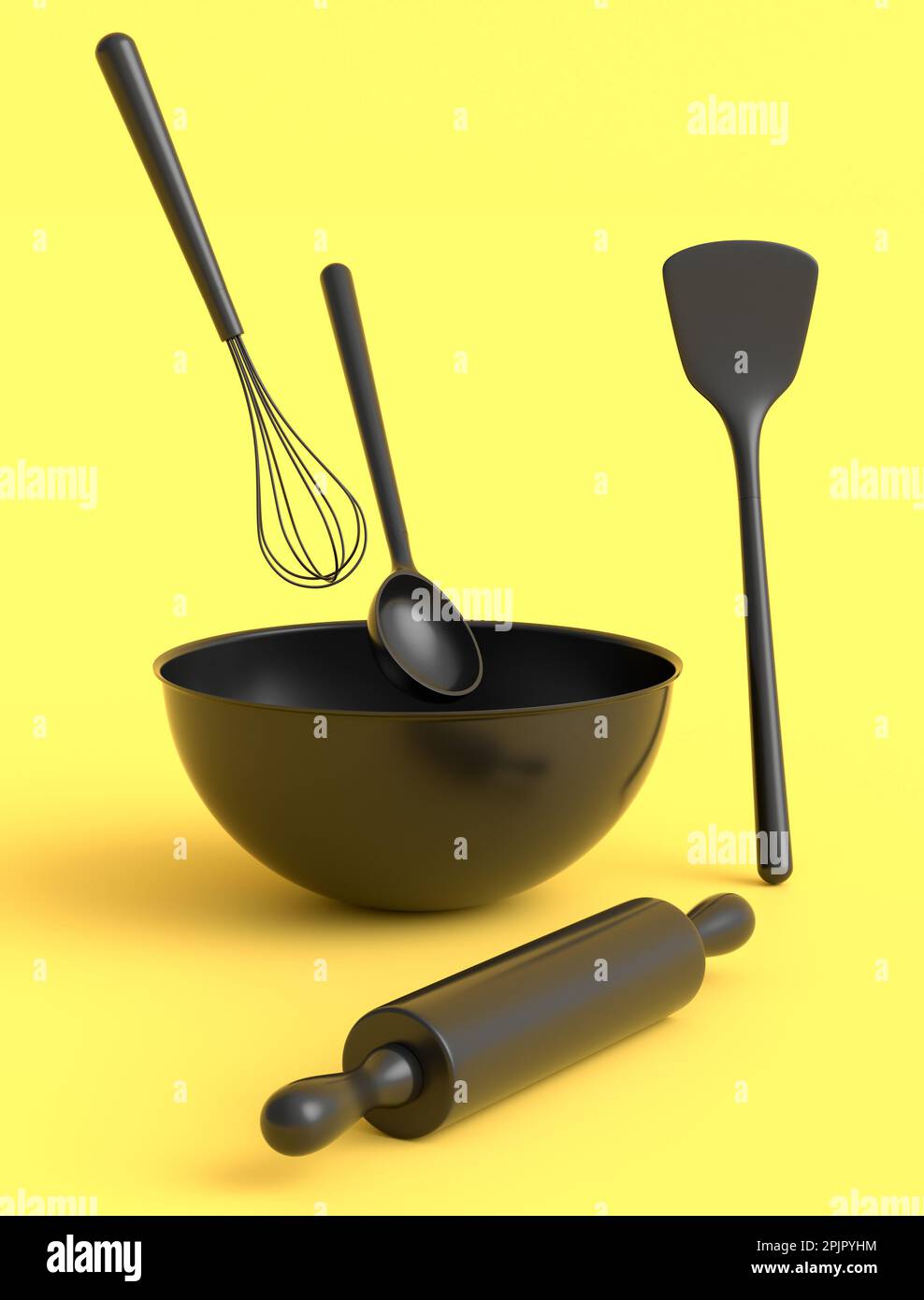 Metal bowl with kitchen utensil for preparation of dough on monochrome ...